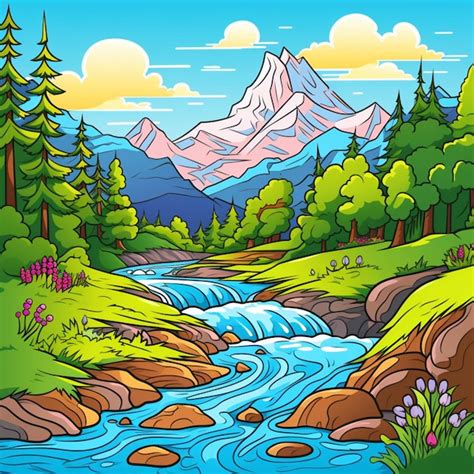 Una Ilustración De Dibujos Animados De Un Arroyo De Montaña En Un