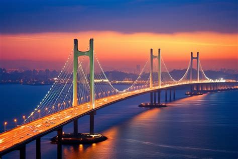 The Bridge Crosses The Ocean At Dusk Background High Resolution