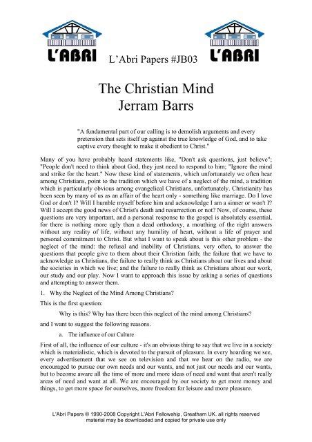 The Christian Mind Jerram Barrs Labri Fellowship