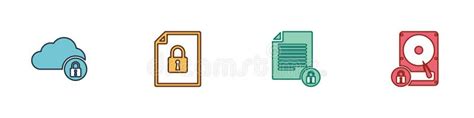 Set Cloud Computing Lock Document And And Hard Disk Drive Icon