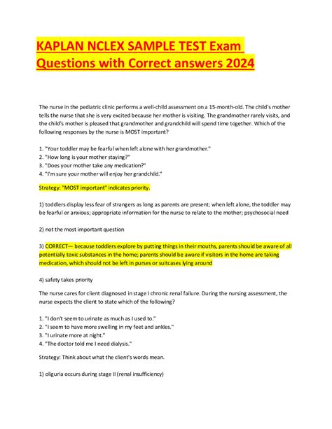 Kaplan Nclex Sample Test Exam Questions With Correct Answers 2024 Pdf Docmerit