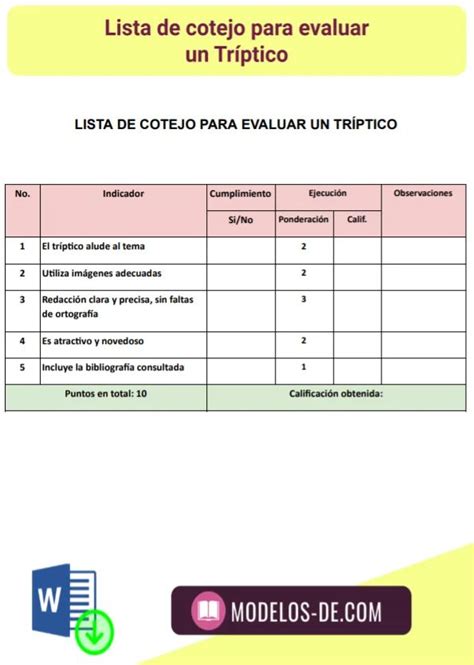 Lista de cotejo para evaluar un Tríptico en Word Gratis Evaluar