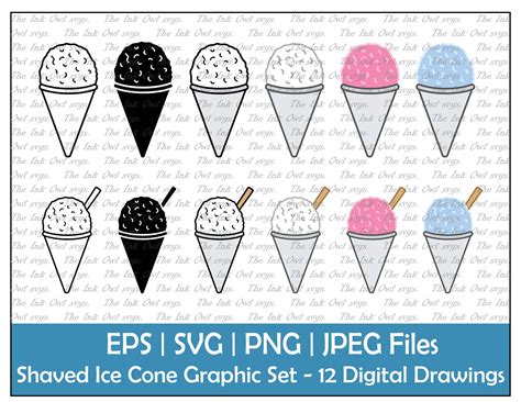 Shaved Ice Cone Vector Clipart Set Outline Stamp And Color Graphics