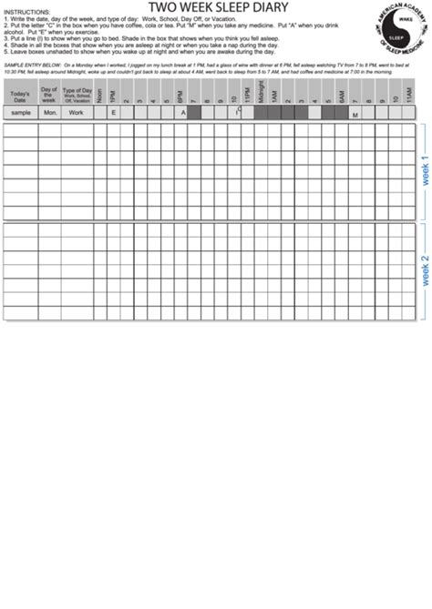 Two Week Sleep Diary Printable Pdf Download