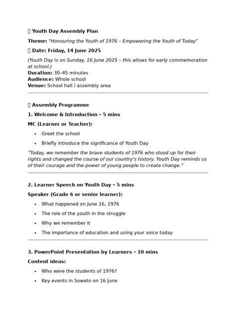 Youth Day Assembly Plan Pdf