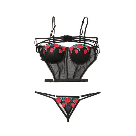 Multitrust Women Lace Nightwear Bra Brief Set Padded Floral Sex Play