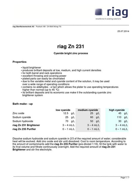 Cyanide Bright Zinc Process Pdf Zinc Sodium