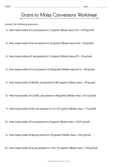 Free Printable Mole Conversion Worksheets
