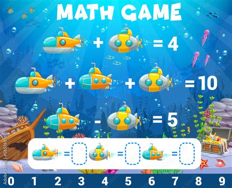 Math Game Cartoon Underwater Submarine And Bathyscaphes Vector Worksheet Mathematics Riddle For