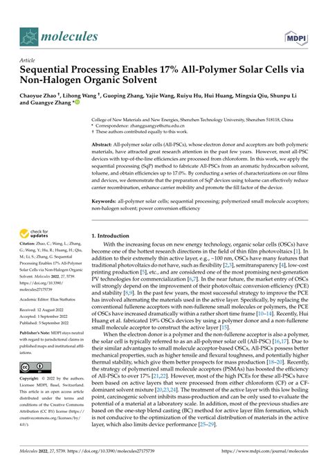 Pdf Sequential Processing Enables 17 All Polymer Solar Cells Via Non