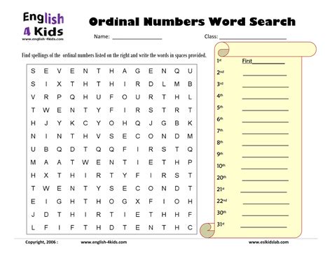Ordinal Numbers Word Searchpdf
