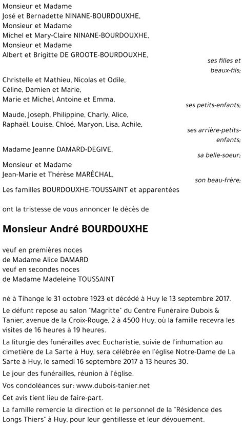 Avis De Décès De André Bourdouxhe Décédé Le 13092017 à Huy Annonce Condoléances Fleurs