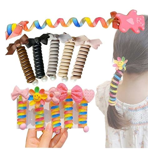 아이들을위한 전화선 헤어 밴드 10 Pcs 다채로운 꽃 Bowknot 땋은 전화 코드 헤어 밧줄 직선 나선형 티몬