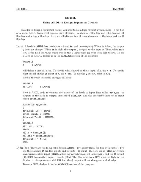 Using Ahdl In Lab To Design Sequential Circuits Ee 231 Docsity
