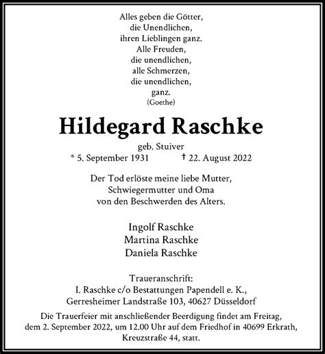 Alle Traueranzeigen Für Hildegard Raschke Trauer Rp Online De