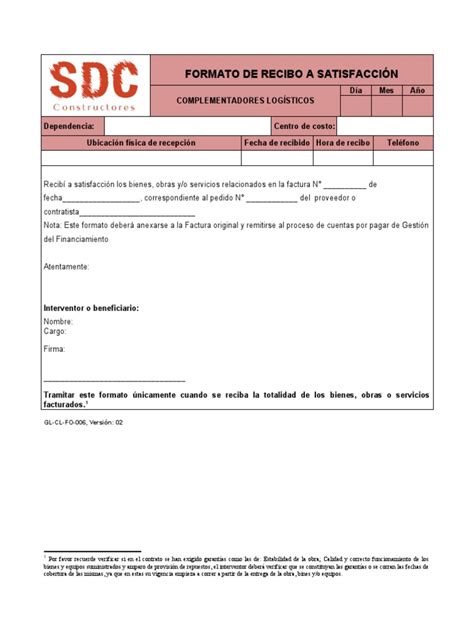 Formato Acta De Recibo A Satisfaccion Pdf