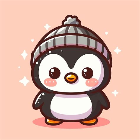 Chibi Cute Kawaii Penguin With A Hat On And A Pink Background Flat Design Character Premium Ai