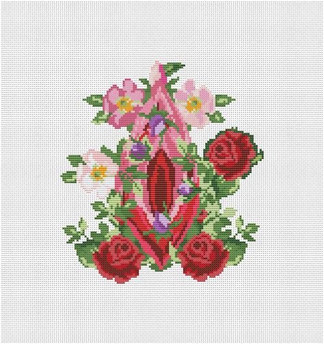 Set Of 2 Sex Cross Stitch Pattern PDF Vulva Penis Art LGBT Couple Erotic Art For Gay Floral