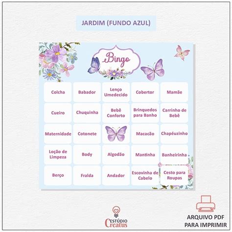 Bingo De Chá De Bebê Jardim Fundo Azul Estúdio Creatus