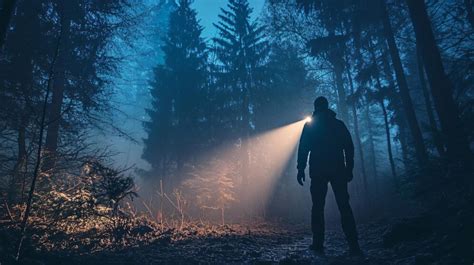 Exploring Mystery Man With Bright Flashlight In Night Forest Premium Ai Generated Image