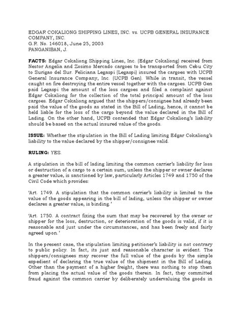 Edgar Cokaliong Vs Ucpb Gen Pdf Cargo Bill Of Lading
