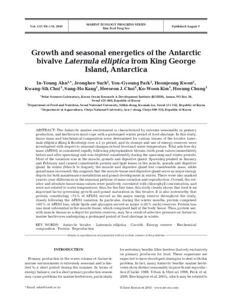 Pdf Growth And Seasonal Energetics Of The Antarctic Bivalve Laternula Elliptica From King