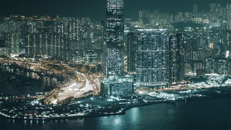 Download Wallpaper 3840x2160 Night City Aerial View Buildings River