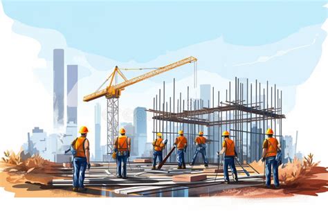 Illustration Of Construction Site Workers And Work For Poster Labo Generative Ai Stock