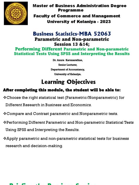 001 Mba Business Statistics Week 14 Parametric And Non Parametric Tests