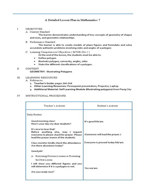 A Detailed Lesson Plan In Mathematics 7 Geometry Illustrating