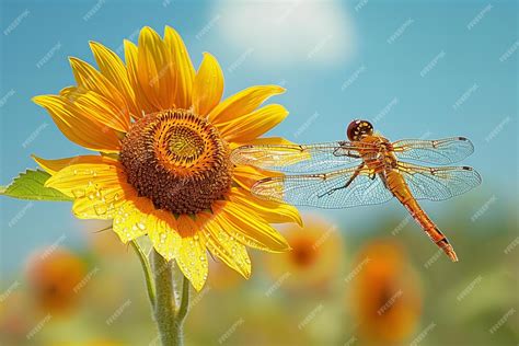 Premium Photo A Dragonfly Is On A Sunflower With A Blue Sky In The