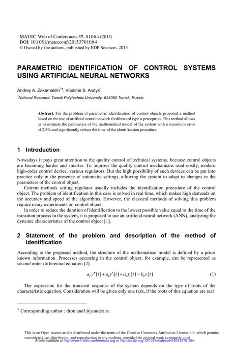 pdf parametric identification of control systems using artificial
