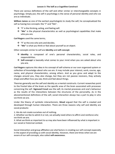 Lesson 3 Self As A Cognitive Construct Pdf Self Concept Self Esteem