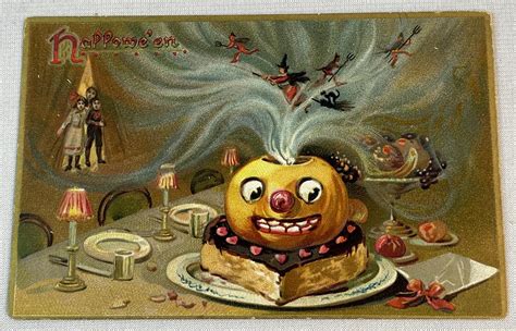 Lot Antique C 1905 Witches And Devils Flying From Jack O Lantern