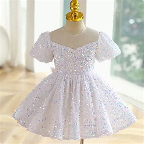 Lijcc Girls Short Sleeve Dress Sequin Design Puffed Shoulders