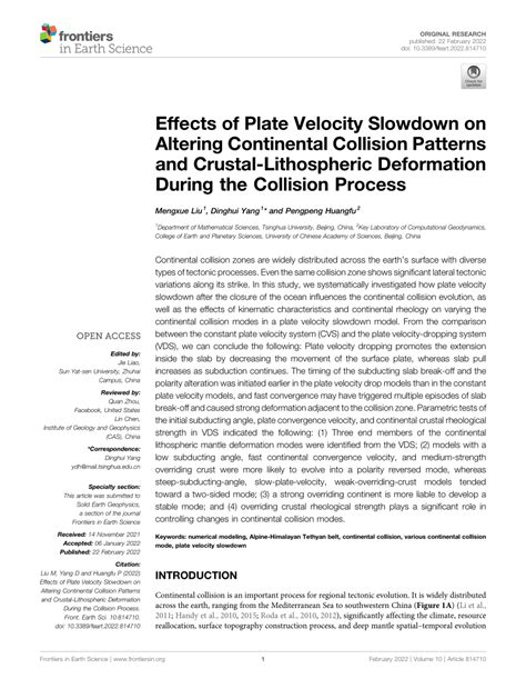 Pdf Effects Of Plate Velocity Slowdown On Altering Continental Collision Patterns And Crustal