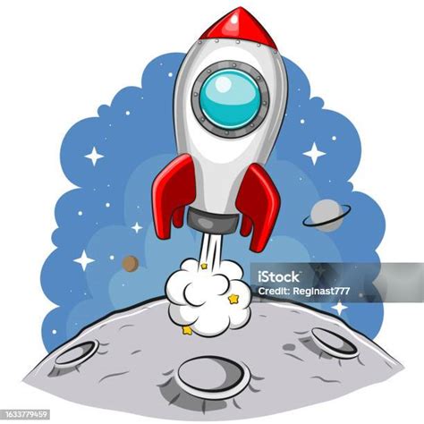 Stock Ilustrace Kreslená Raketa Startuje Z Planety Stáhnout Obrázek
