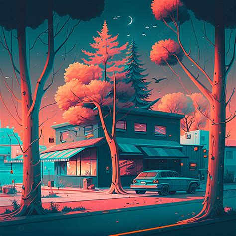Ilustrasi Pemandangan Kota Waktu Malam Dengan Rumah Vektor Latar