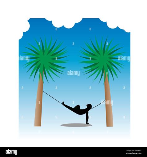 Vector Illustration Of Peaceful Summer Scene Of Man Lying On Hammock