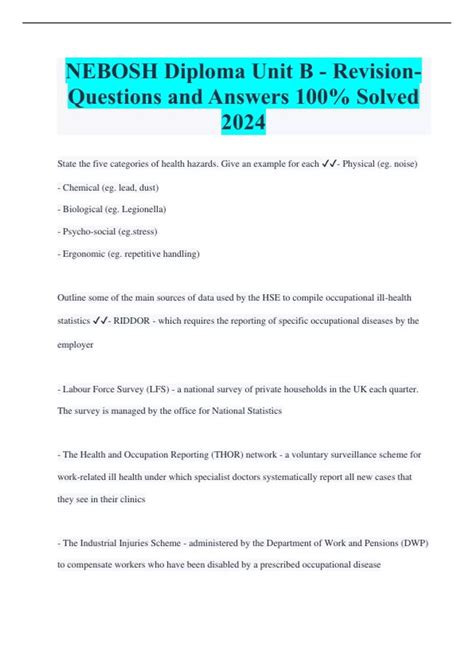 Nebosh Diploma Unit B Revision Questions And Answers 100 Solved 2024