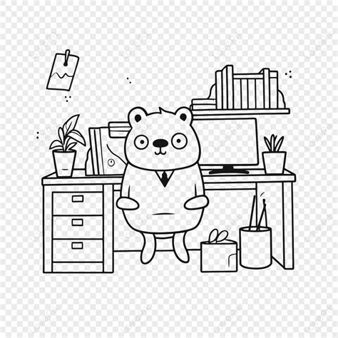 만화 곰은 그의 의자 개요 스케치 드로잉에 책과 함께 책상에 앉아 있다 벡터선 그리기미술 Png 일러스트 무료 다운로드
