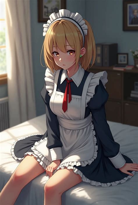 Anime Girl In Maid Outfit Sitting On Bed With White Sheets Seaart Ai