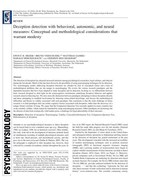 Pdf Deception Detection With Behavioral Autonomic And Neural Measures Conceptual And