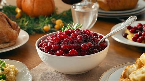 Thanksgiving Cranberry Sauce In White Bowl Served On Holiday Dinner Table With Turkey And