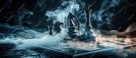 Chess Figures On Dark Background With Smoke And Fog Epic Chess Game