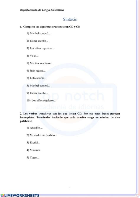 Sintaxis 1 Worksheet Live Worksheets