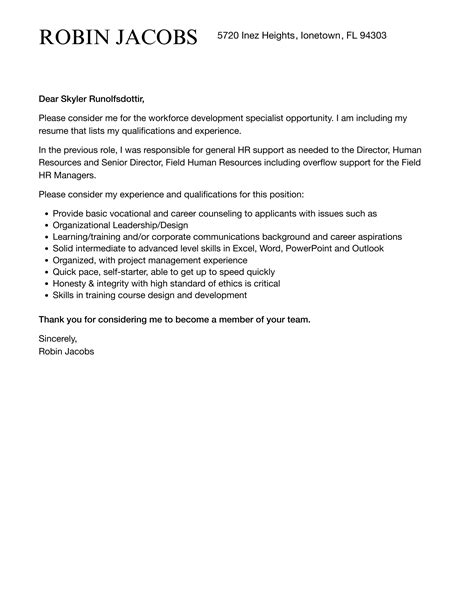 Workforce Development Specialist Cover Letter Velvet Jobs