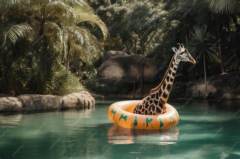 Premium Ai Image A Giraffe Relaxing On Inflatable Rubber Ring In Swimming Pool On A Summer