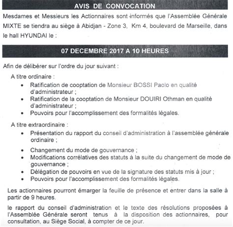 Tractafric Avis De Convocation Des Actionnaires Pour Une Assemblée Générale Mixte