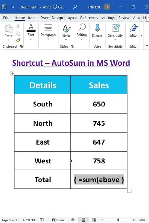 Autosum Formula In Ms Word Shorts Youtube